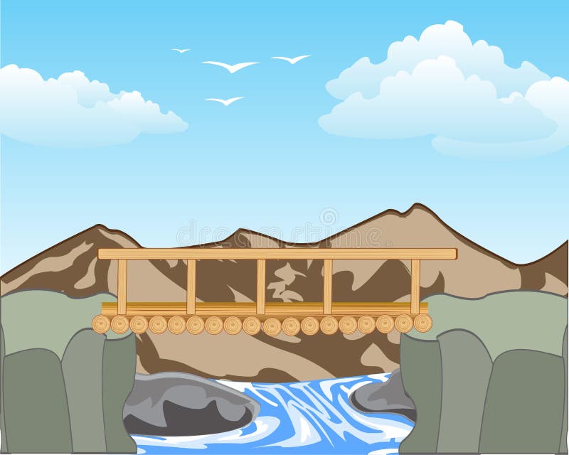 Wooden Bridge in Mountain on Tempestuous River Stock Vector ...