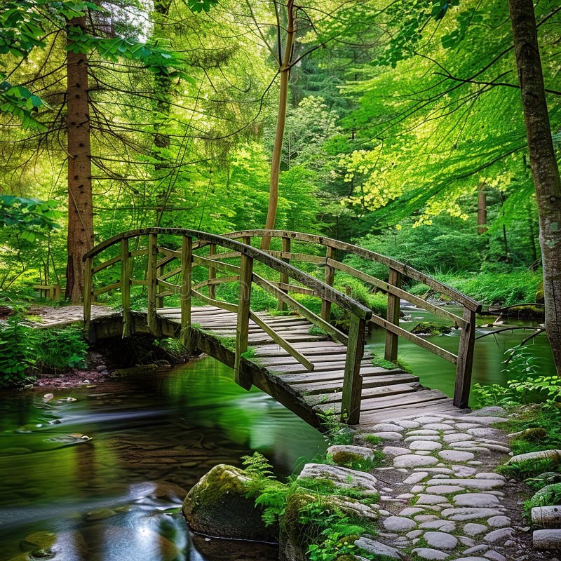 Wooden Bridge Over a Calm Stream in a Lush Green Forest Stock Image ...