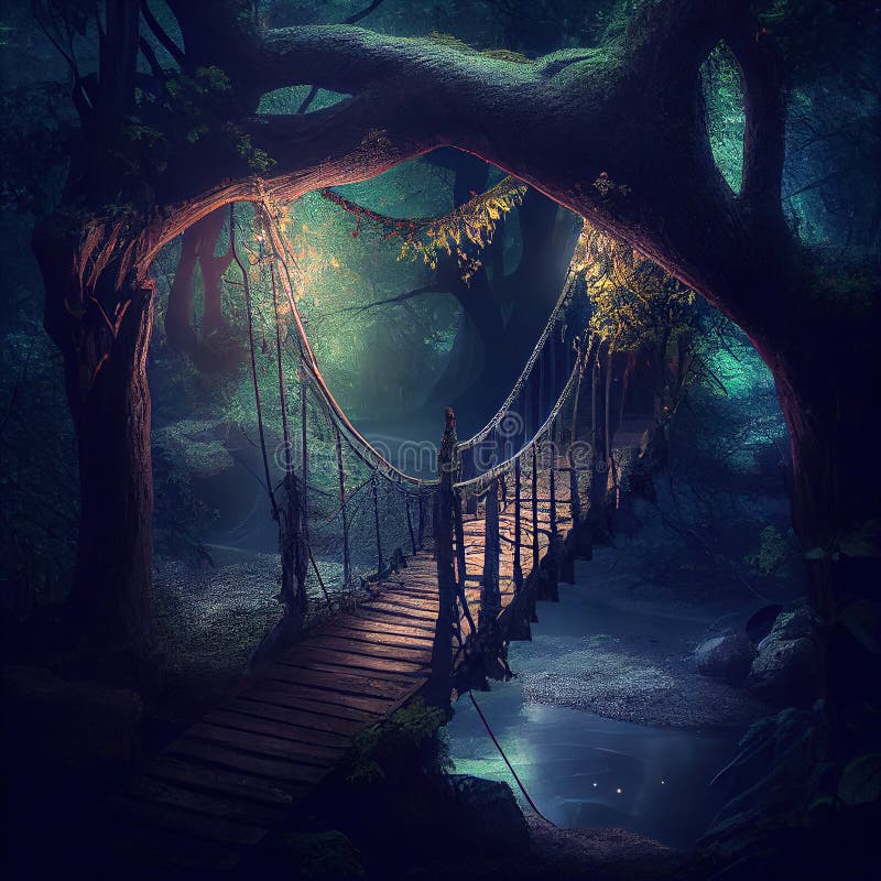 Generative AI: Wooden Bridge Over a Lake in a Dark Forest with Moss ...