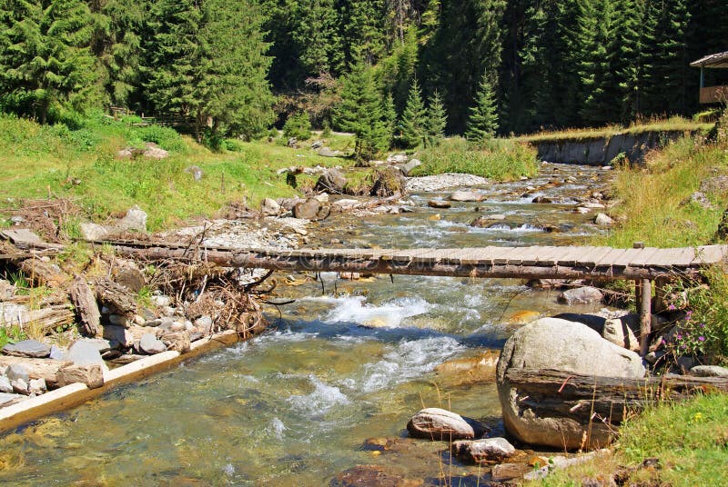 Wooden Bridge Over Mountain Spring Stock Photo - Image of isolated ...
