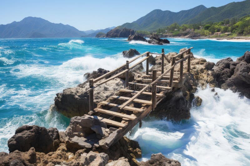 A Wooden Bridge Over the Ocean with Waves Crashing into it Stock ...