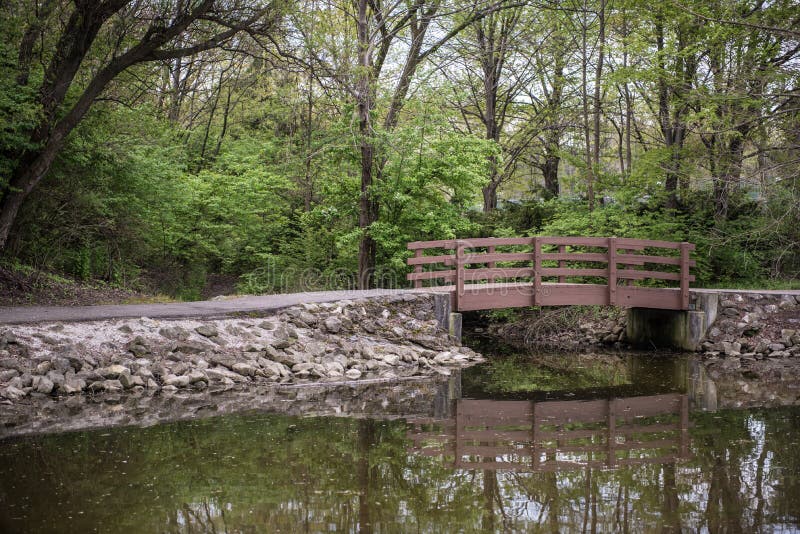 Wooden Bridge Over Pond Landscape Stock Photo - Image of foliage ...