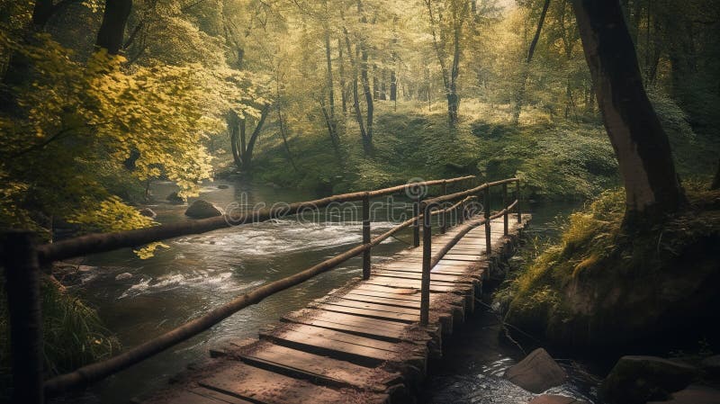 A Wooden Bridge Over a Small River in a Wooded Area Stock Illustration ...