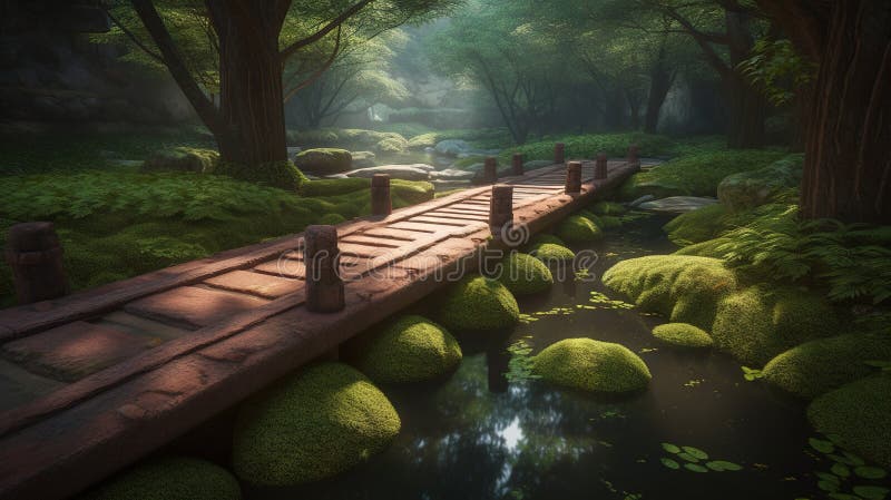 A Wooden Bridge Over a Small Stream in a Lush Green Forest Stock ...