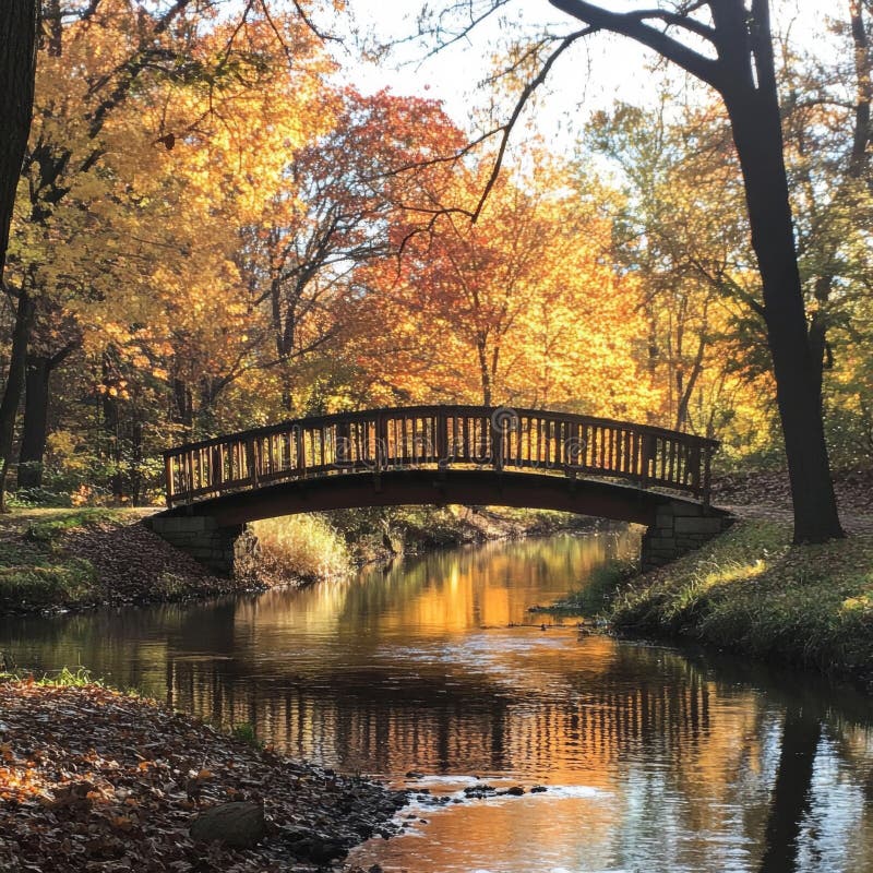 Wooden Bridge Over a Stream in Autumn Forest Stock Illustration ...