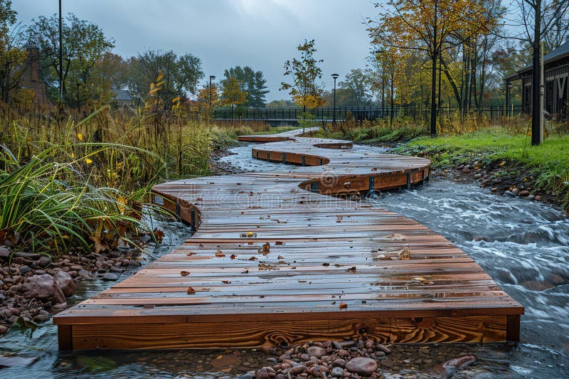 A Wooden Bridge Over a Stream with Leaves on the Ground Stock ...