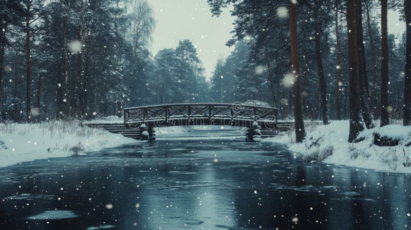 Wooden Bridge Spanning Icy River in Snowy Forest Stock Illustration ...