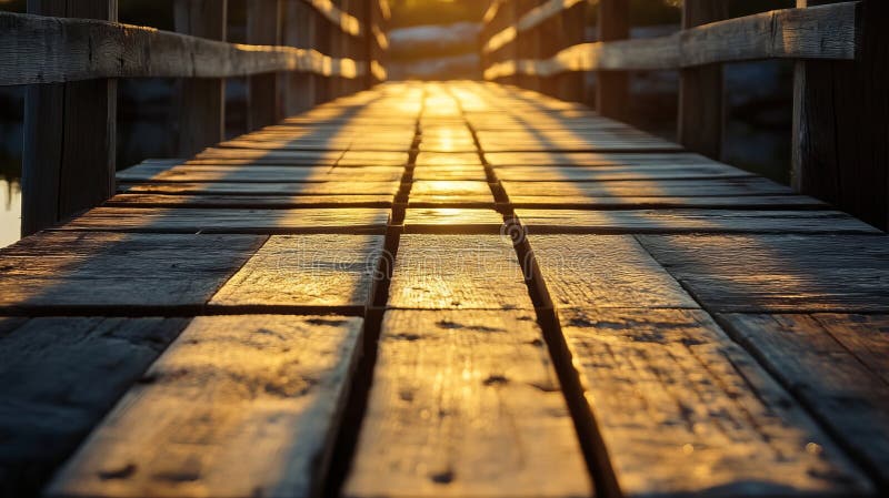 Wooden Bridge at Sunset. Perspective View. Warm Sunlight Stock ...