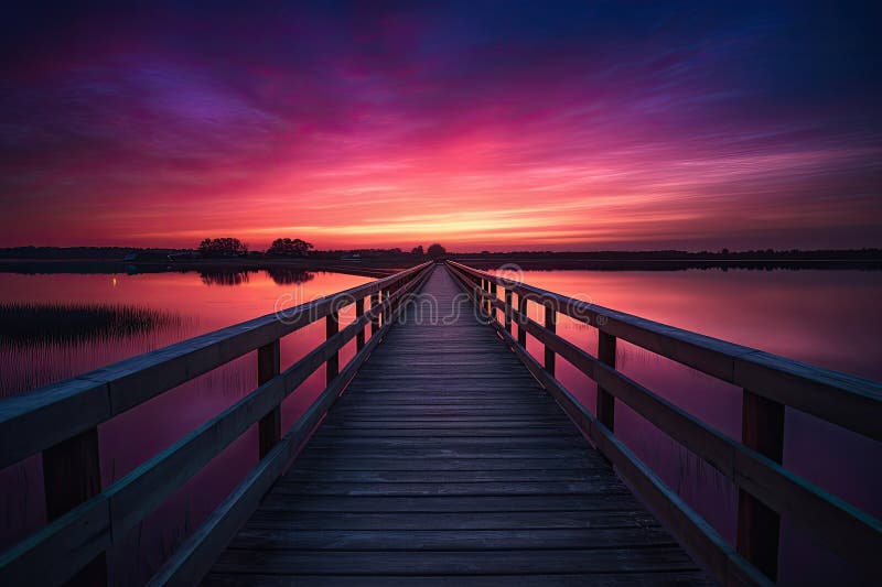 The Wooden Bridge at Sunset of Red Purple Sky Stock Illustration ...