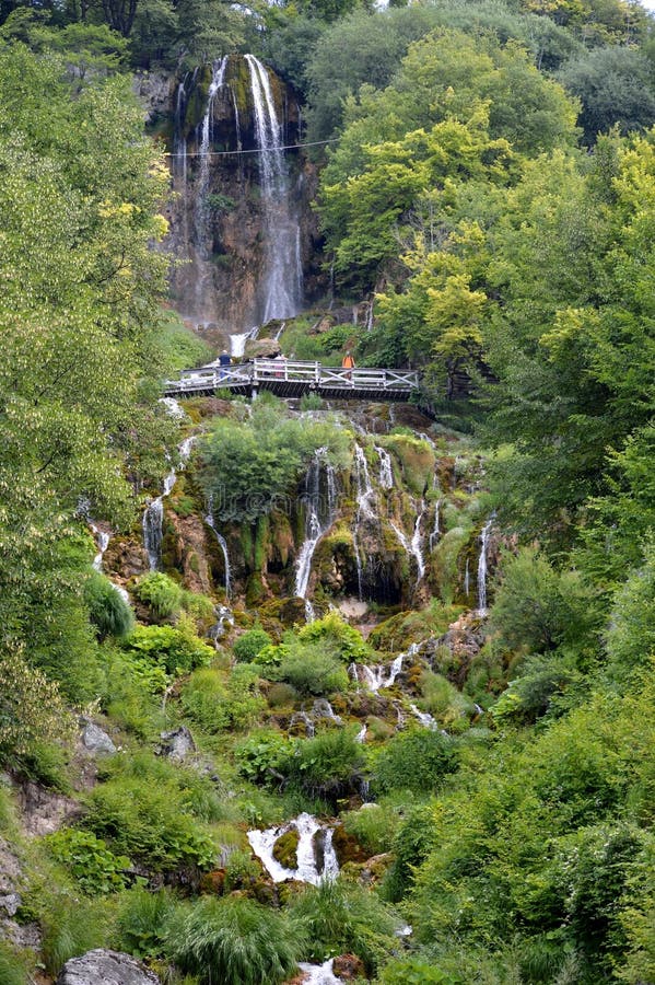 Wooden Bridge Under the Waterfall Stock Image - Image of water, leaf ...