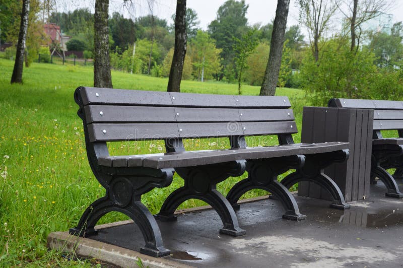 Wooden Brown Bench and Trash Can in the Park on the Path, Front View ...