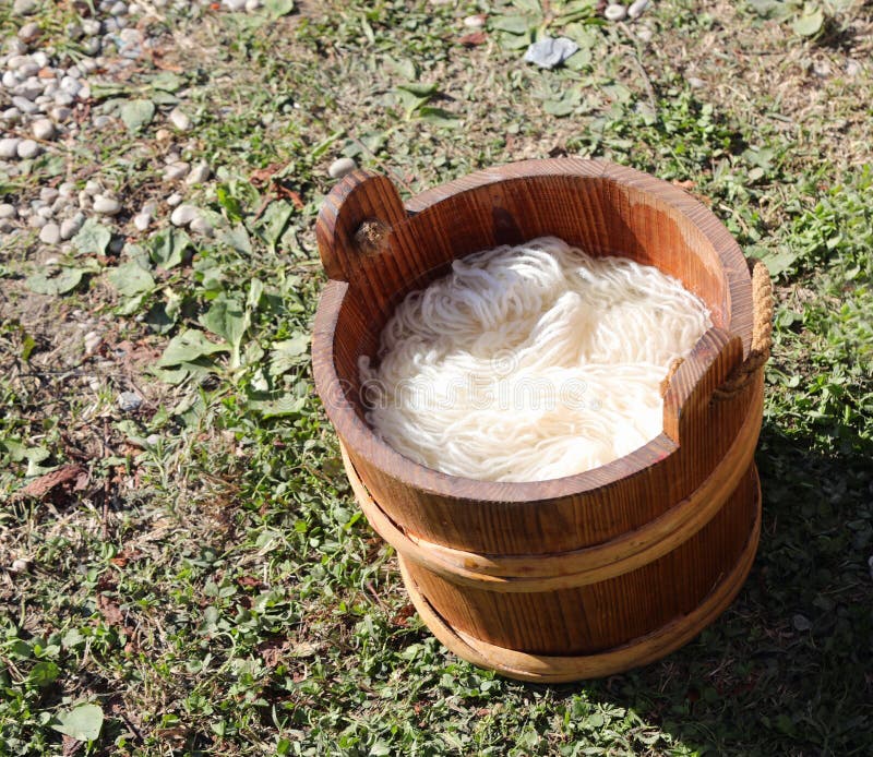 Wooden Bucket for Coloring Wool with the Ancient Medieval Method Stock ...