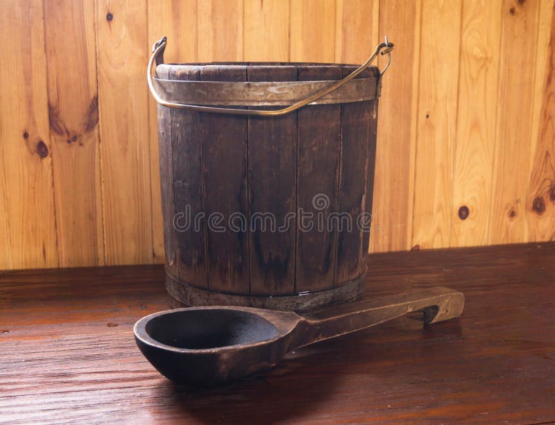 A Wooden Bucket and a Spoon. Bath Accessories Stock Photo - Image of ...