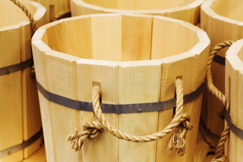 Wooden Buckets with a Rope Handle. Household Items in Retro Style Stock ...