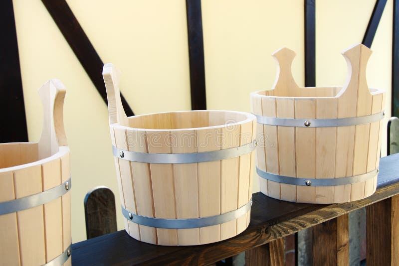 Wooden Buckets on the Shelf Stock Image - Image of closeup, room: 229850751