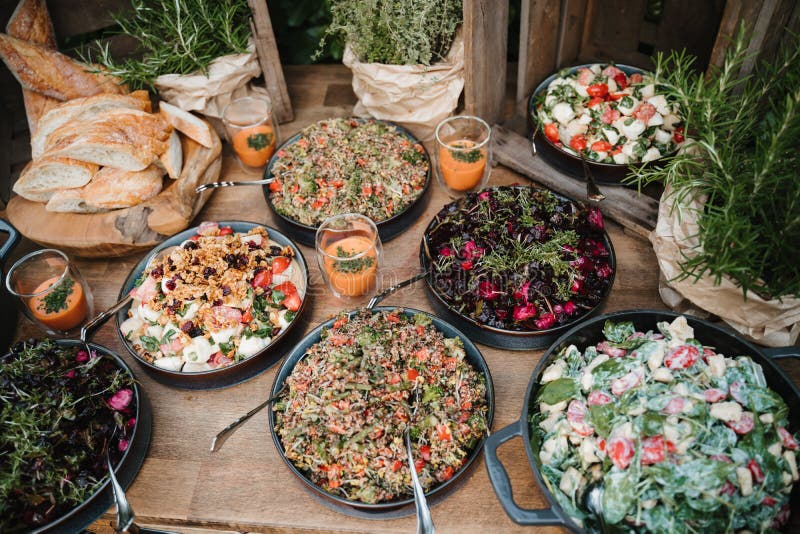 Wooden Buffet Table with Snacks and Appetizer Decorated Outdoor in ...