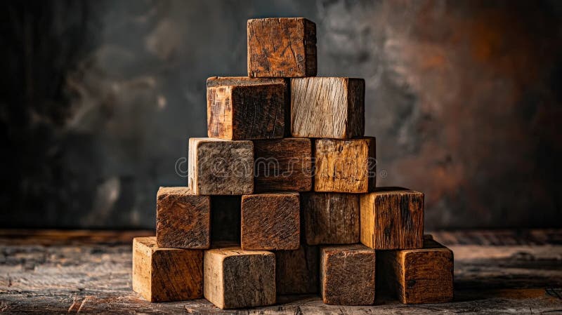 Wooden Building Blocks Stacked Creatively in Rustic Workshop High ...