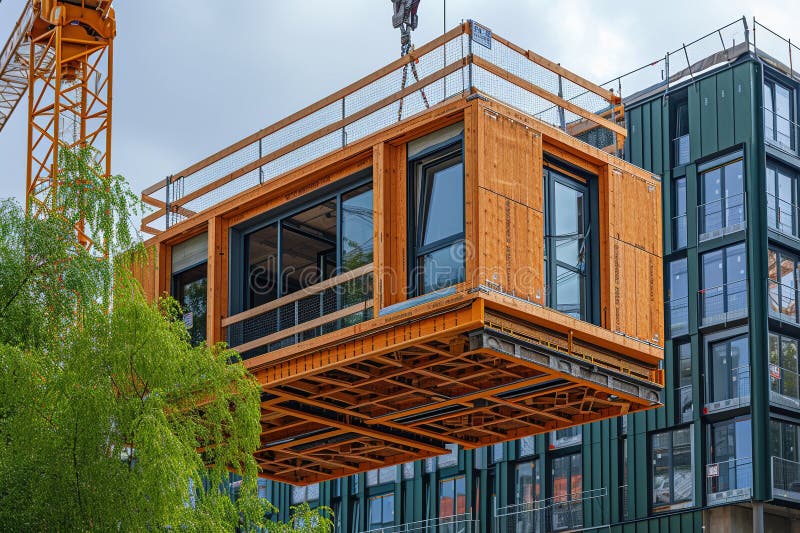 A Wooden Building Module is Raised by a Crane. Generative AI Stock ...