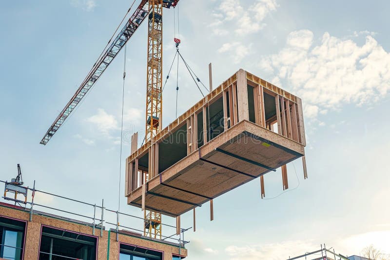 A Wooden Building Module is Raised by a Crane and Placed into the ...