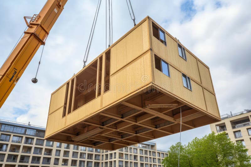 A Wooden Building Module is Raised by a Crane and Placed into the ...