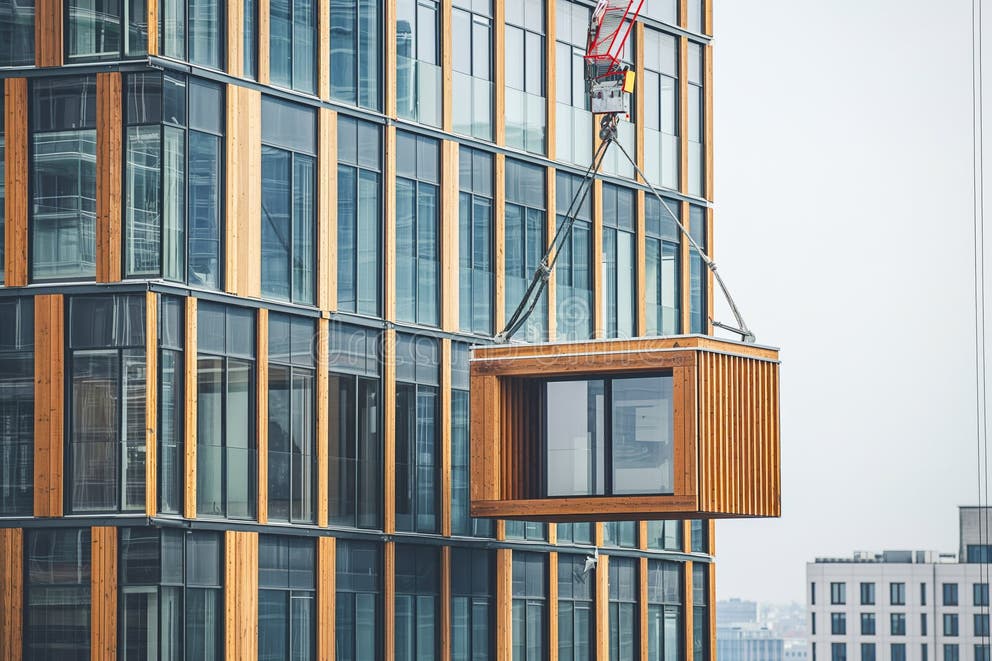 Wooden Building Module is Raised by a Crane and Placed into the Framework. Berlin Office ...