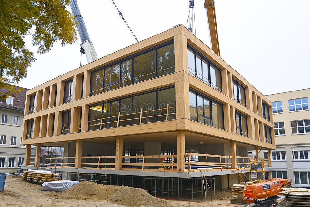 Wooden Building Module is Raised by a Crane and Placed into the ...
