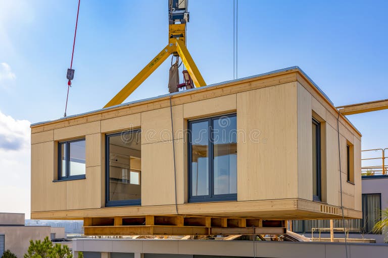 Wooden Building Module is Raised by a Crane and Placed into the ...