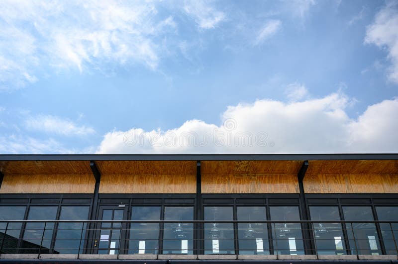Wooden Building with Terrace and Blue Sky Stock Photo - Image of ...