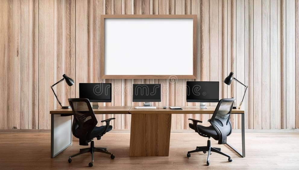 Wooden Business Interior with Pc Computers and Sideboard. Mockup Frame ...
