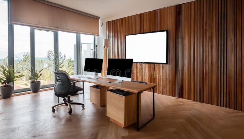Wooden Business Interior with Pc Computers and Sideboard. Mockup Frame ...