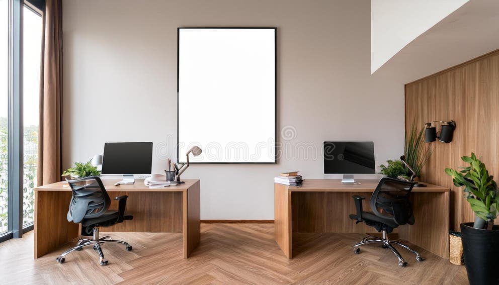 Wooden Business Interior with Pc Computers and Sideboard. Mockup Frame ...