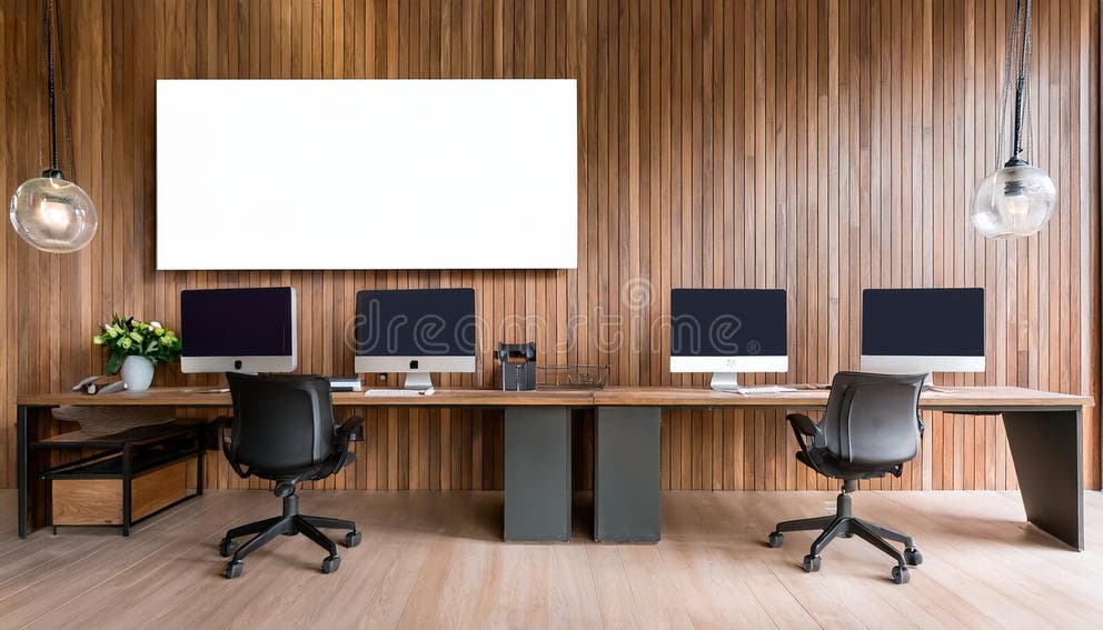Wooden Business Interior with Pc Computers and Sideboard. Mockup Frame ...