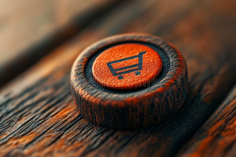 Wooden Button with Shopping Cart Icon on Textured Rustic Wood Surface ...