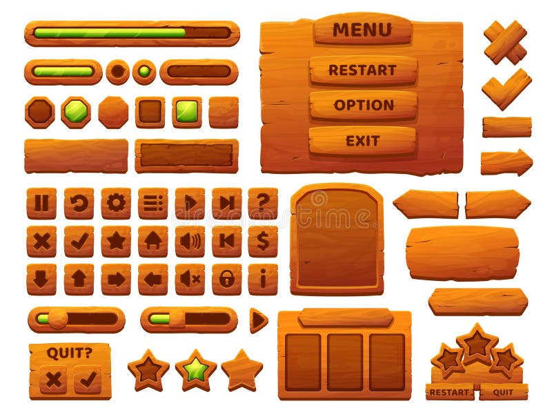 Wooden Buttons Cartoon Interface, Game UI Elements Stock Vector ...