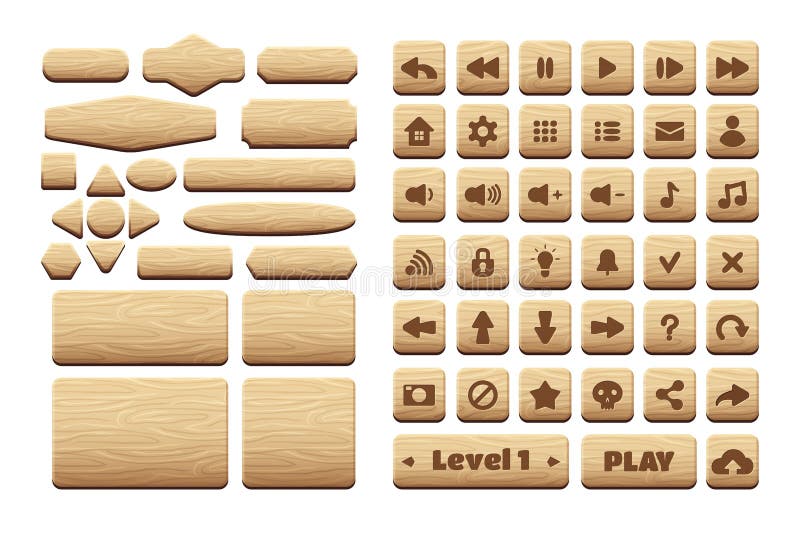 Wooden Buttons Game UI Asset. Gaming User Interface Icons Stock Vector ...