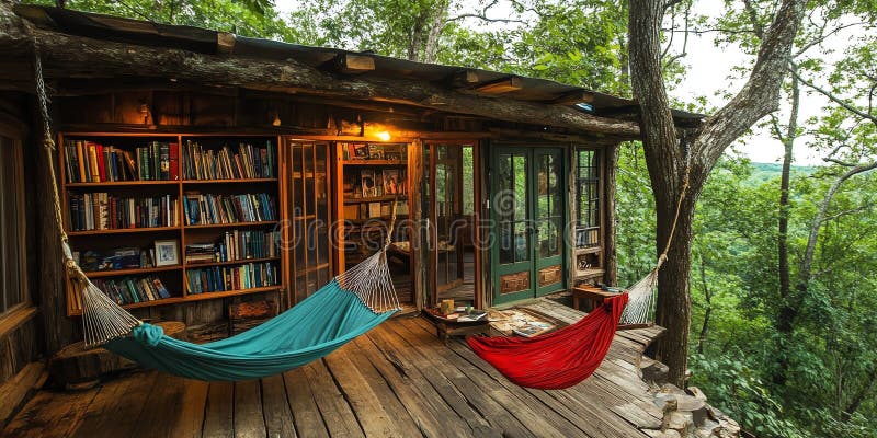 A Wooden Cabin with a Bookshelf, Two Hammocks, a View of the Forest ...