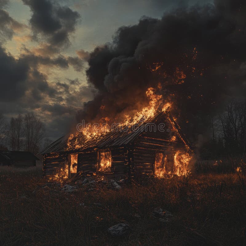 A Wooden Cabin Consumed by Fire, Flames Licking at the Sky Stock Photo ...