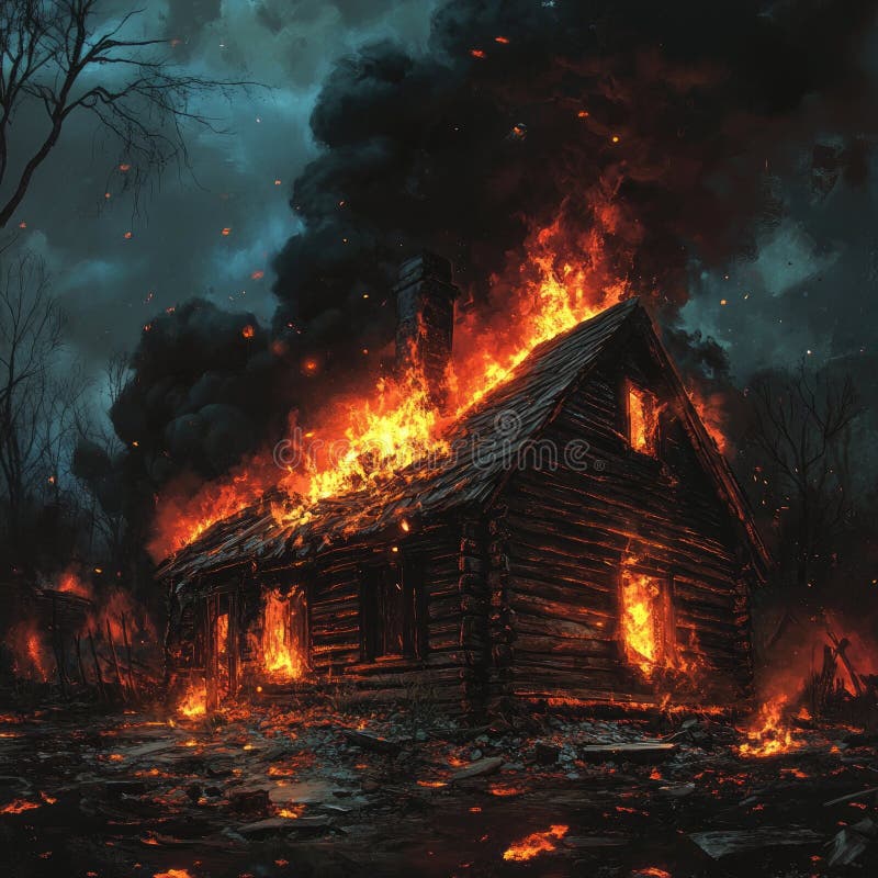 A Wooden Cabin Consumed by Fire, Flames Licking at the Sky Stock Image ...