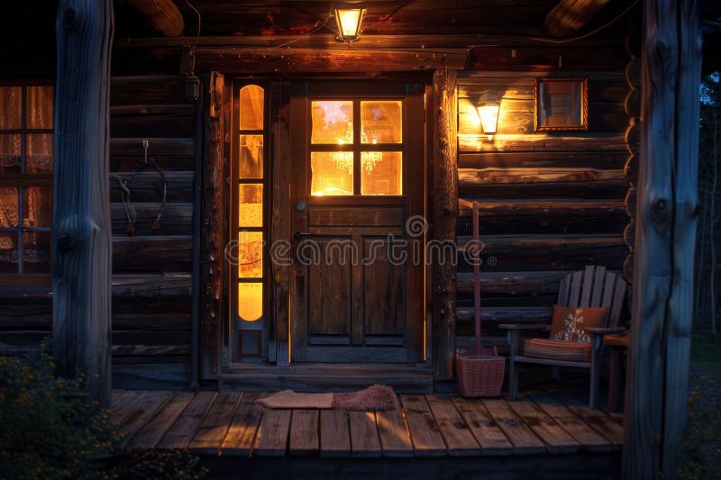 A Wooden Cabin with a Door that is Open and a Light Shining through the ...