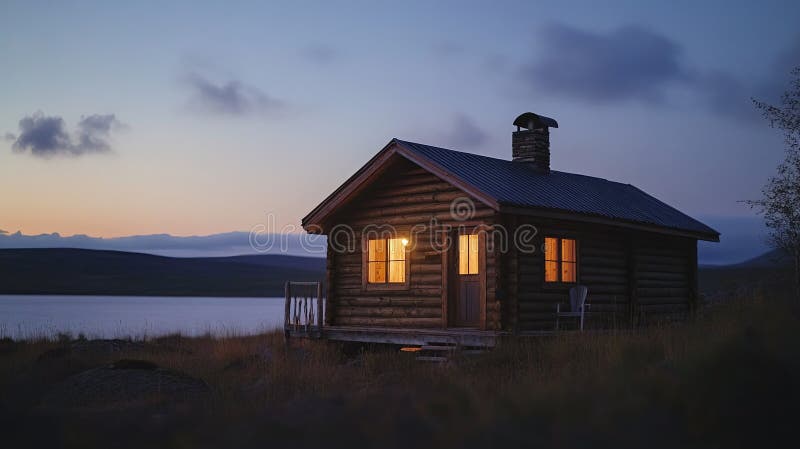 Wooden Cabin at Dusk, Realistic, Cinematic Light, Sharp Focus. Stock ...