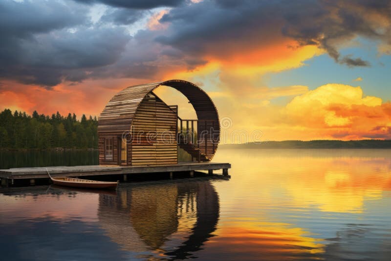 A Wooden Cabin Floating in the Sky, with a Rainbow Arching Behind it ...