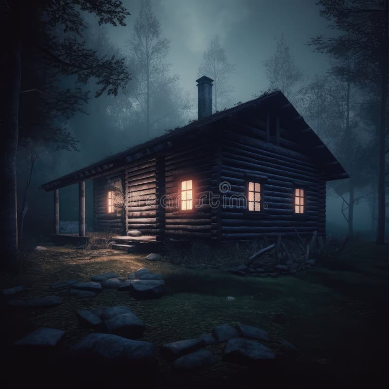 Wooden Cabin in Forest with Lit Windows at Night, Created Using ...