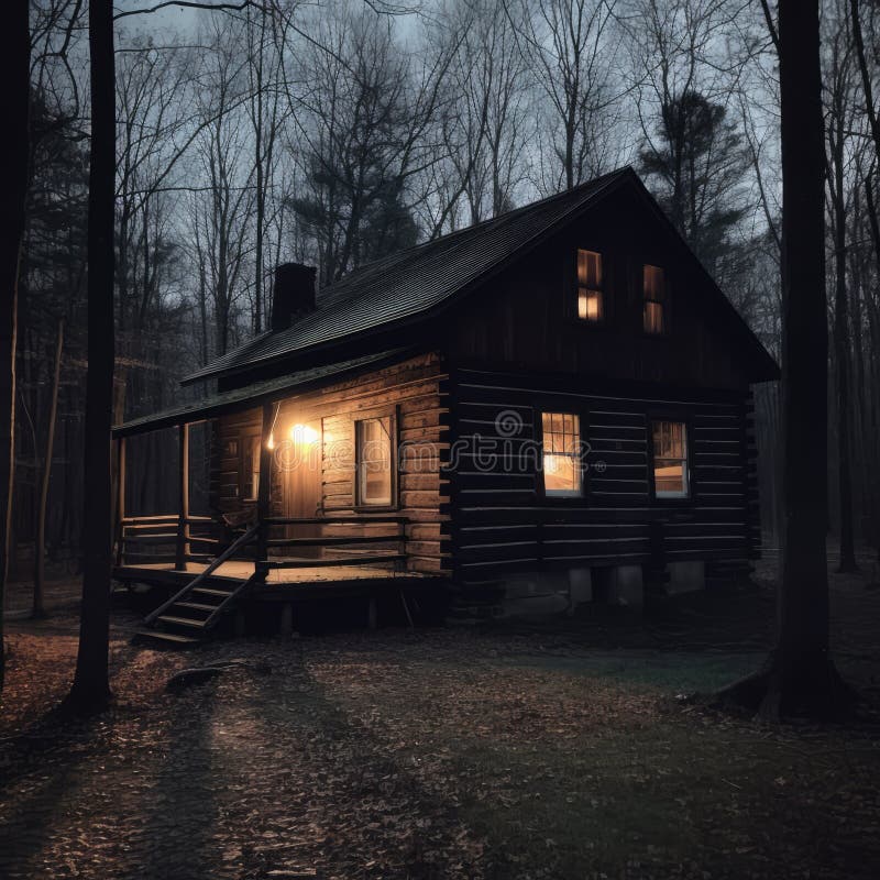 Wooden Cabin in Forest with Lit Windows at Night, Created Using ...