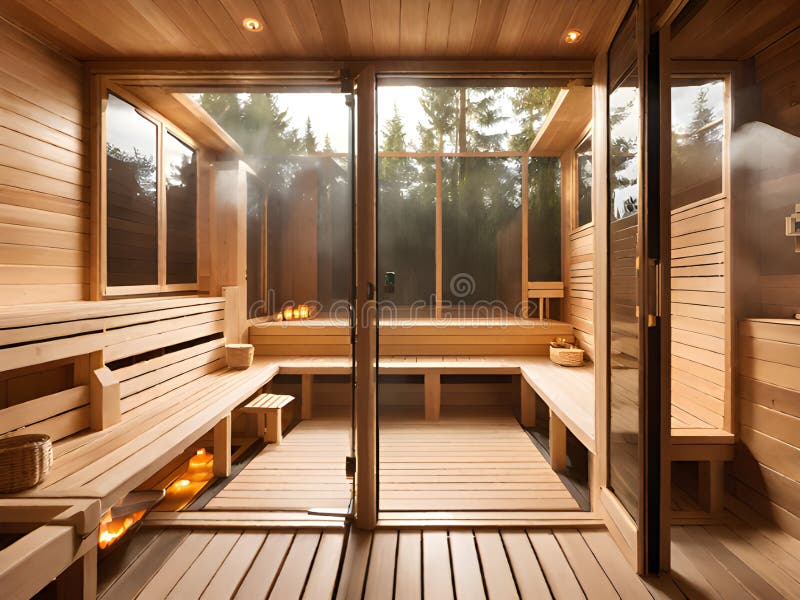 Wooden Cabin in a Modern Sauna with a Large Windows Stock Illustration ...