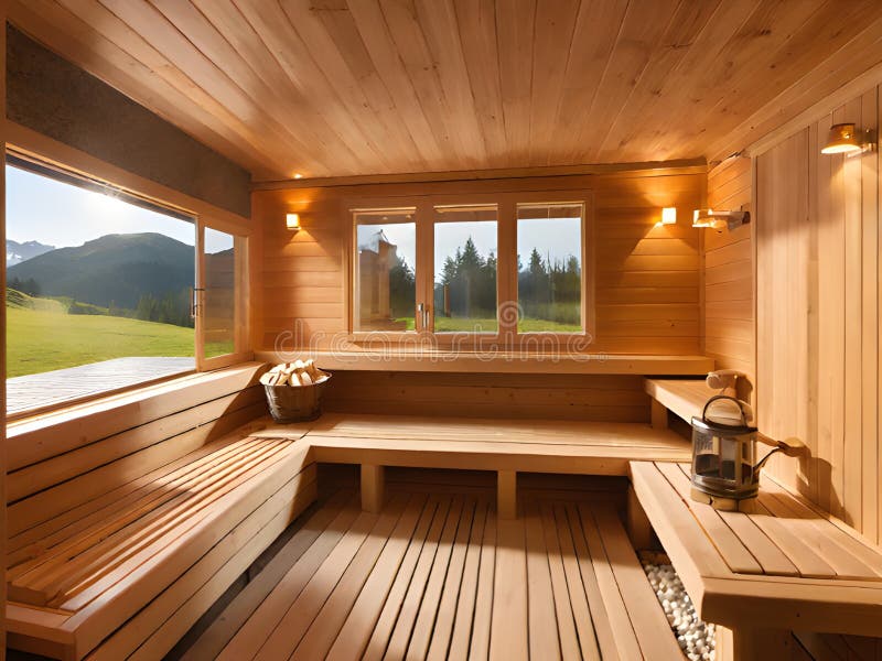 Wooden Cabin in a Modern Sauna with a Large Windows Stock Illustration ...