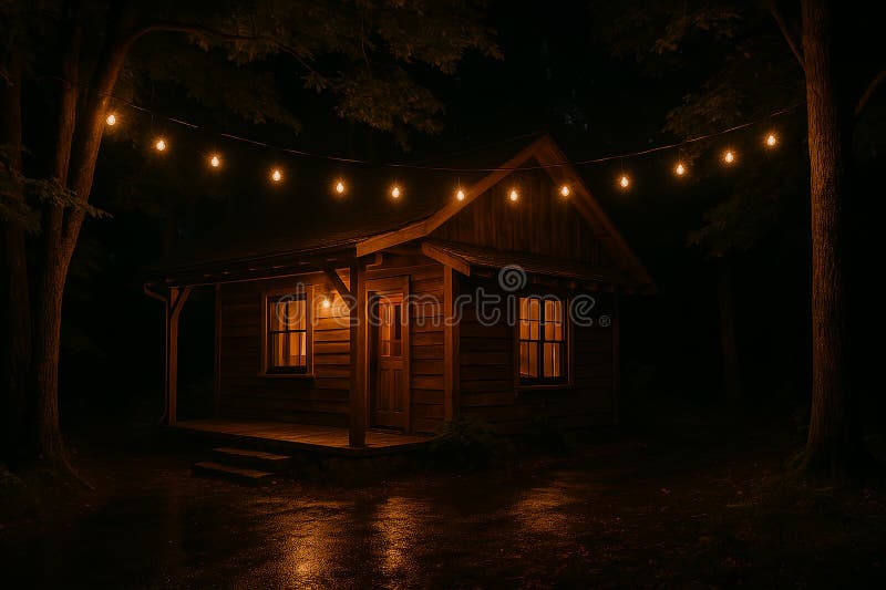 Wooden Cabin at Night with String Lights Stock Image - Image of lights ...