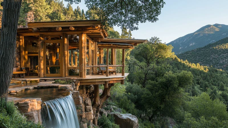 Wooden Cabin Overlooking Waterfall and Mountains Stock Illustration ...