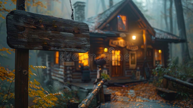 A Wooden Cabin with a Sign Hanging from a Chain Stock Photo - Image of ...