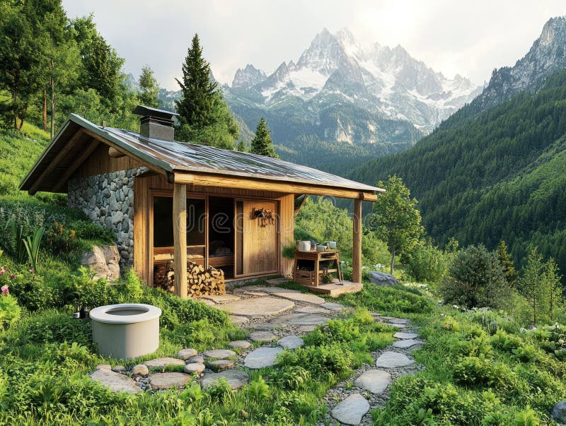 Wooden Cabin with Stone Base in Mountain Landscape Stock Illustration ...