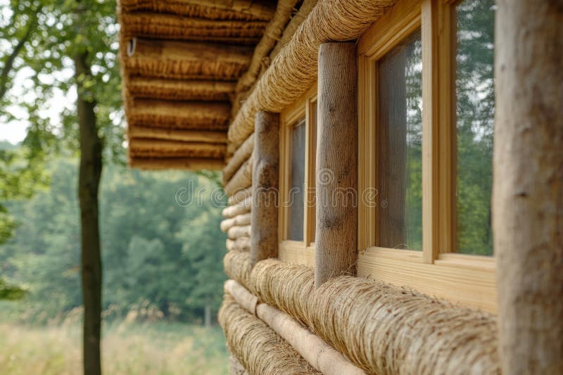 Wooden Cabin with Straw Insulation and Wooden Window Frames, Showcasing ...
